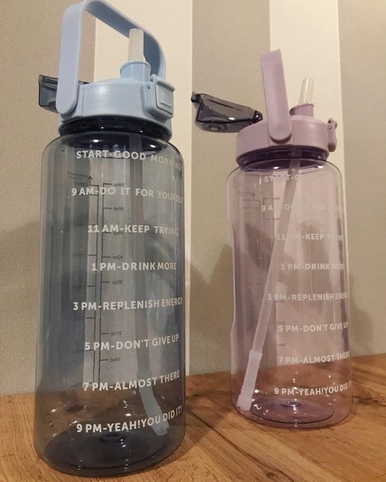 Waterfles Blauw 2 liter, sportfles groot, motiverende waterfles, bidon ...