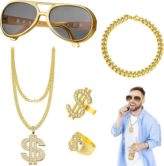 Verkleedset - Gouden Glans Rapper Deluxe: 5-delige Jaren '80-'90 Heren ...