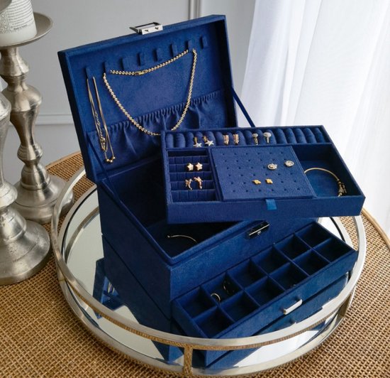 Luxe sierandendoos - Velvet - Blauw - Met lade - Met verborgen luik | bol