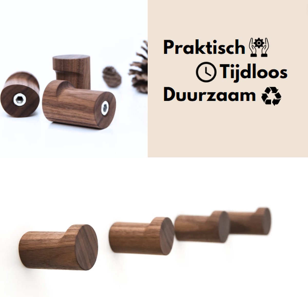 Houten Kapstokhaken - Walnoot - 4 Stuks - Ophanghaken - Handdoekhaken ...