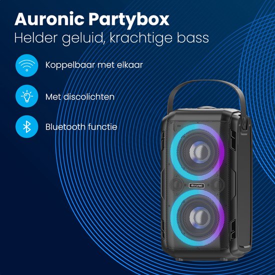 Auronic Partybox - Bluetooth - Party Speaker - Muziek box - Discolichten - USB, AUX en... | bol
