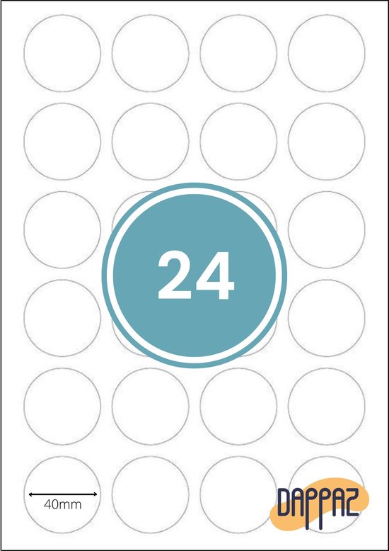 Dappaz Stickervellen - Ronde stickers 40 mm, A4, wit, 24 stickers per ...