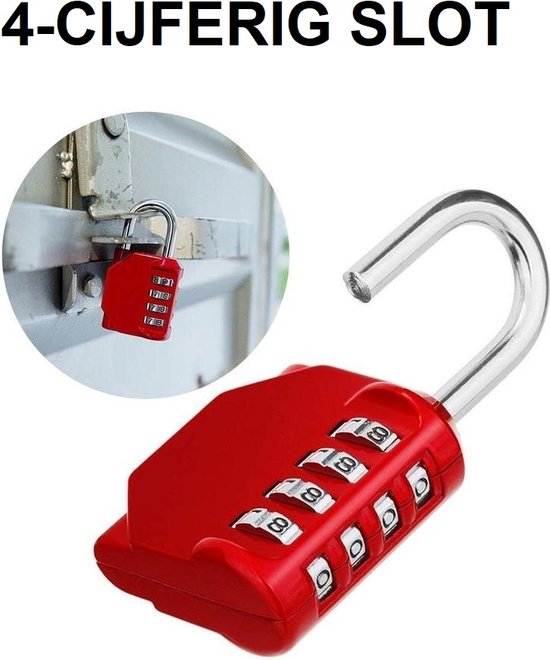 4-Cijferig Hangslotje - 4 Cijfercode - Rood - Cijferslot voor Kluisje ...