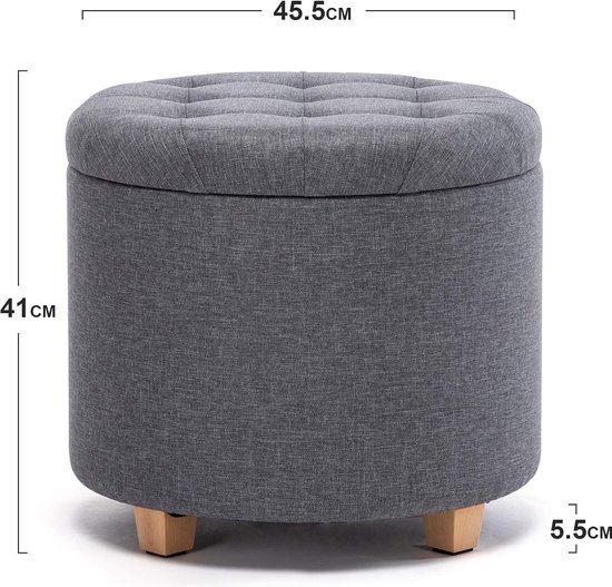 Poef Rond 45cm - met Gewatteerde Zitting - Stoel met Deksel - Linnen ...