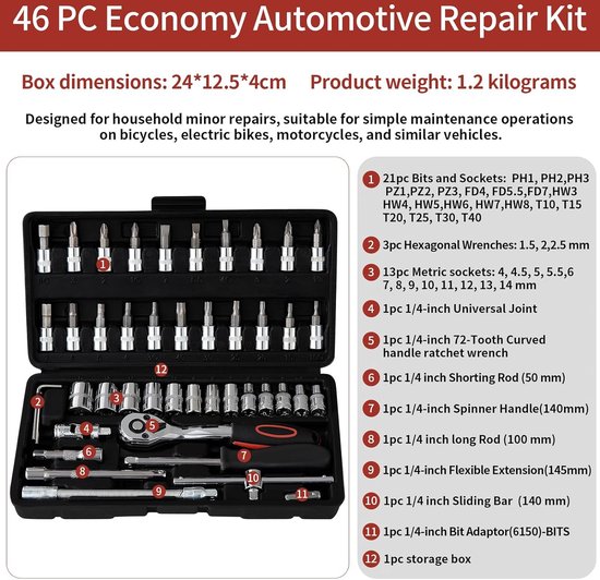 Cr-V 46-delige set platte moersleutelset met ratel en dopsleutel ...