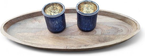 Set Houten Schaal en 2 Waxinelichten Blauw Goud Glitter | bol