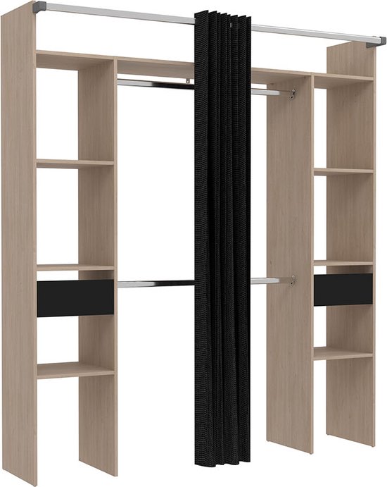 Concept-U - Houten dressing met zwart gordijn en 2 kasten, 6 planken en ...