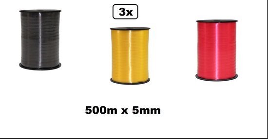 3x Krul lint Belgie kleuren 5 mm x 500 meter - zwart/geel/rood ...