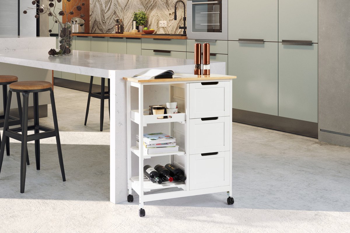 Lifa Living Moderne Trolley - Keukentrolley op Wielen - Houten ...