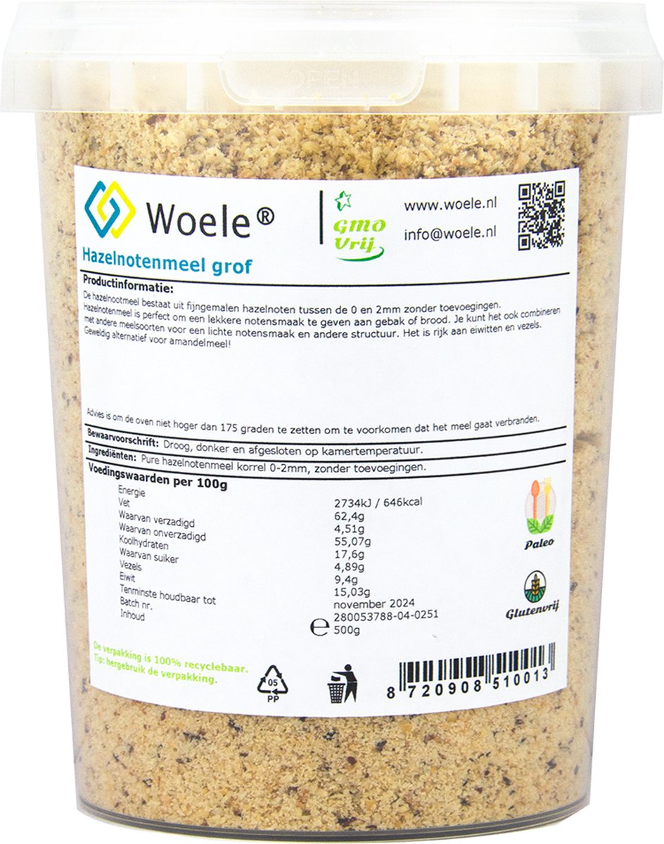 Woele Hazelnotenmeel / hazelnootmeel grof korrel 0-2mm 500g | bol