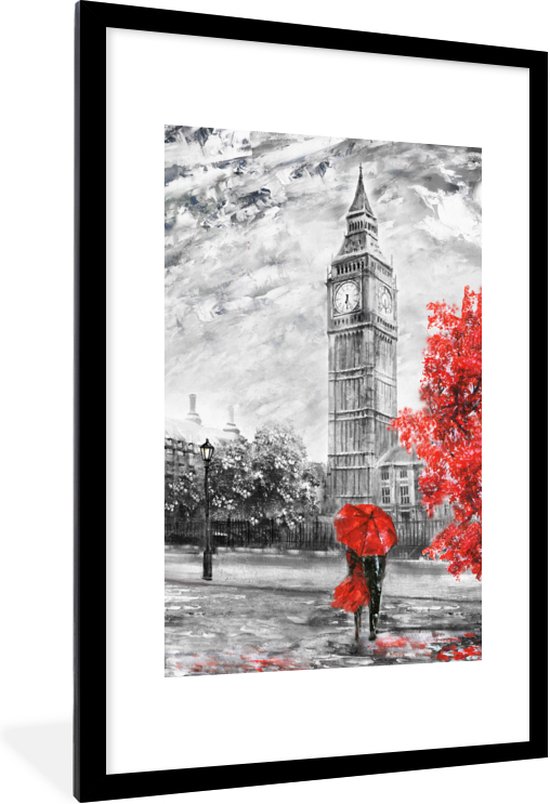 Fotolijst incl. Poster - Schilderij - Big Ben - Rood - Paraplu - 60x90 ...