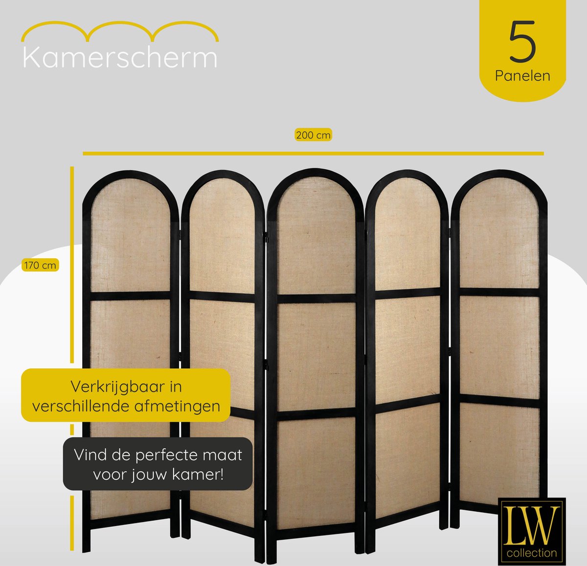 LW Collection Kamerscherm zwart hout rond - kamerschermen 5 panelen ...
