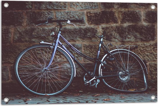 WallClassics - Tuinposter – Oude Kapotte Fiets tegen Stenen Muur - 75x50 cm Foto op... | bol