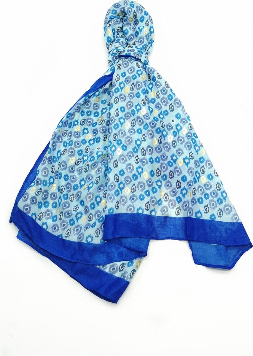 Lange dames sjaal Sophia fantasiemotief blauw wit goud donkerblauw ...