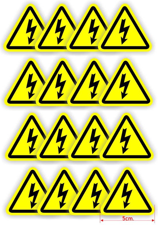 Driehoek stickers geel, zwart. Elektrische spanning gevaar 5 cm. set 16 ...