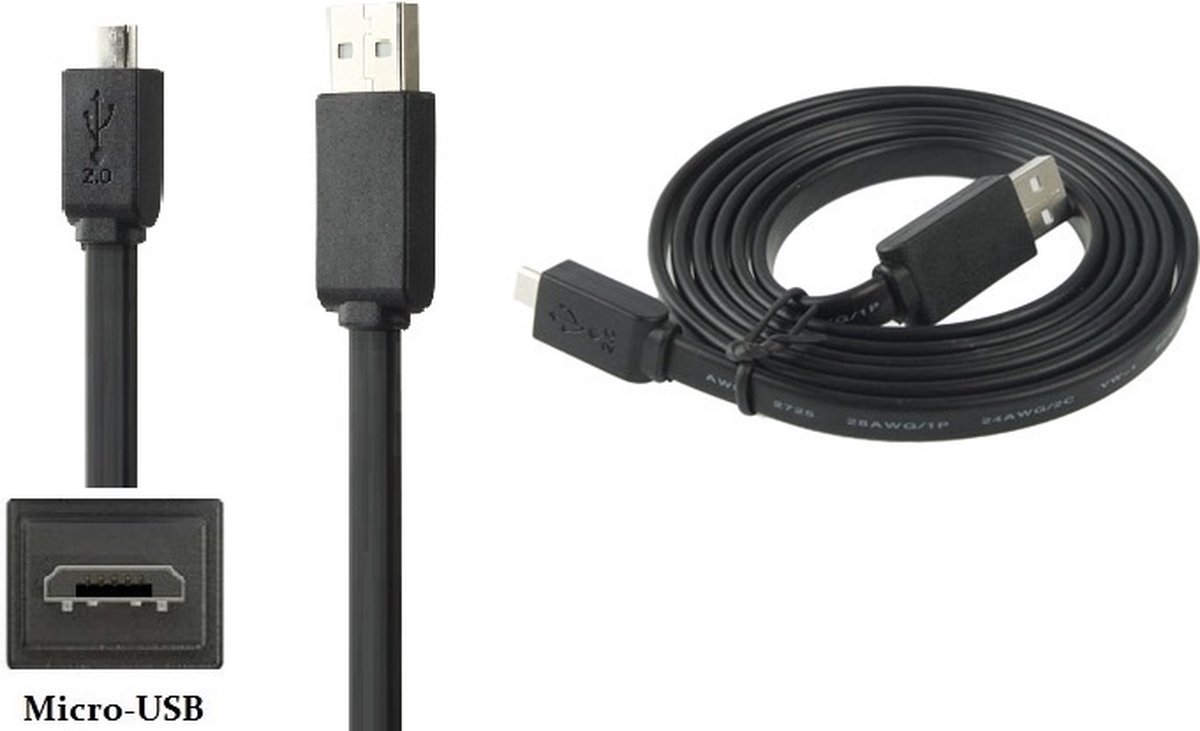 Platte 1,5 m Micro USB kabel. Zwarte oplaadkabel. Laadkabel snoer past ...