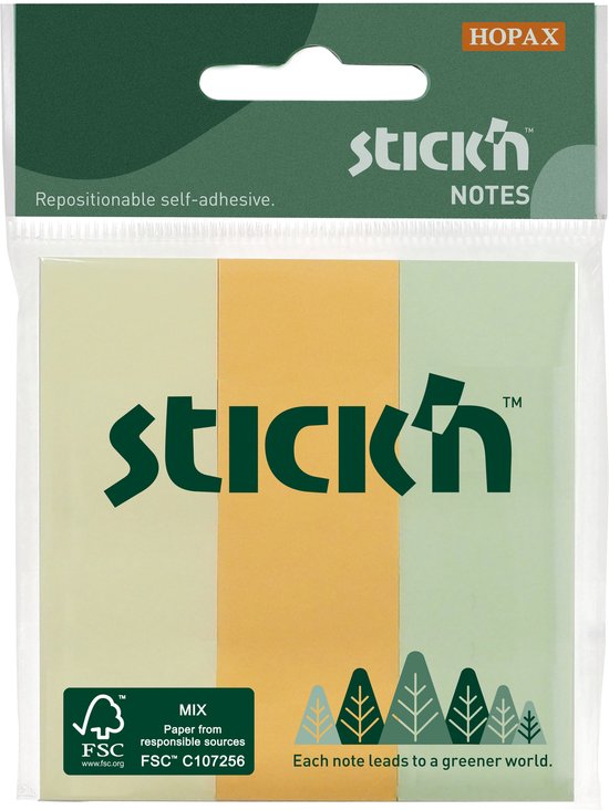 Stick'n FSC Sticky Notes - Smalle Stroken - Pastel Geel/Oranje/Groen ...