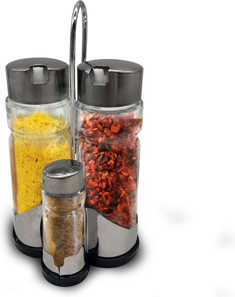 Herzbergb Stainless Steel Spice Rack with 4 Glass Jar Set | bol.com