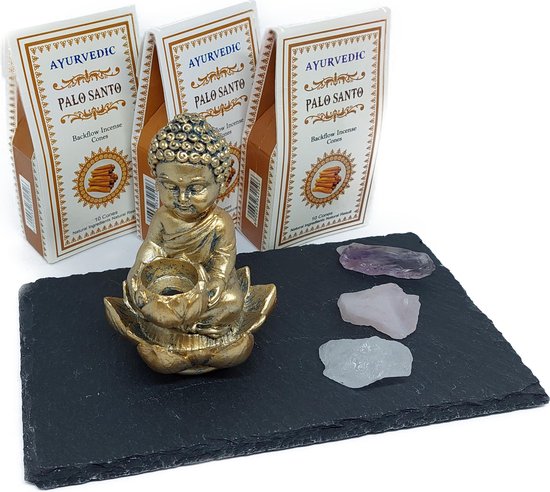 Plateau droit en ardoise Bouddha avec pierres précieuses triangle d'or ...