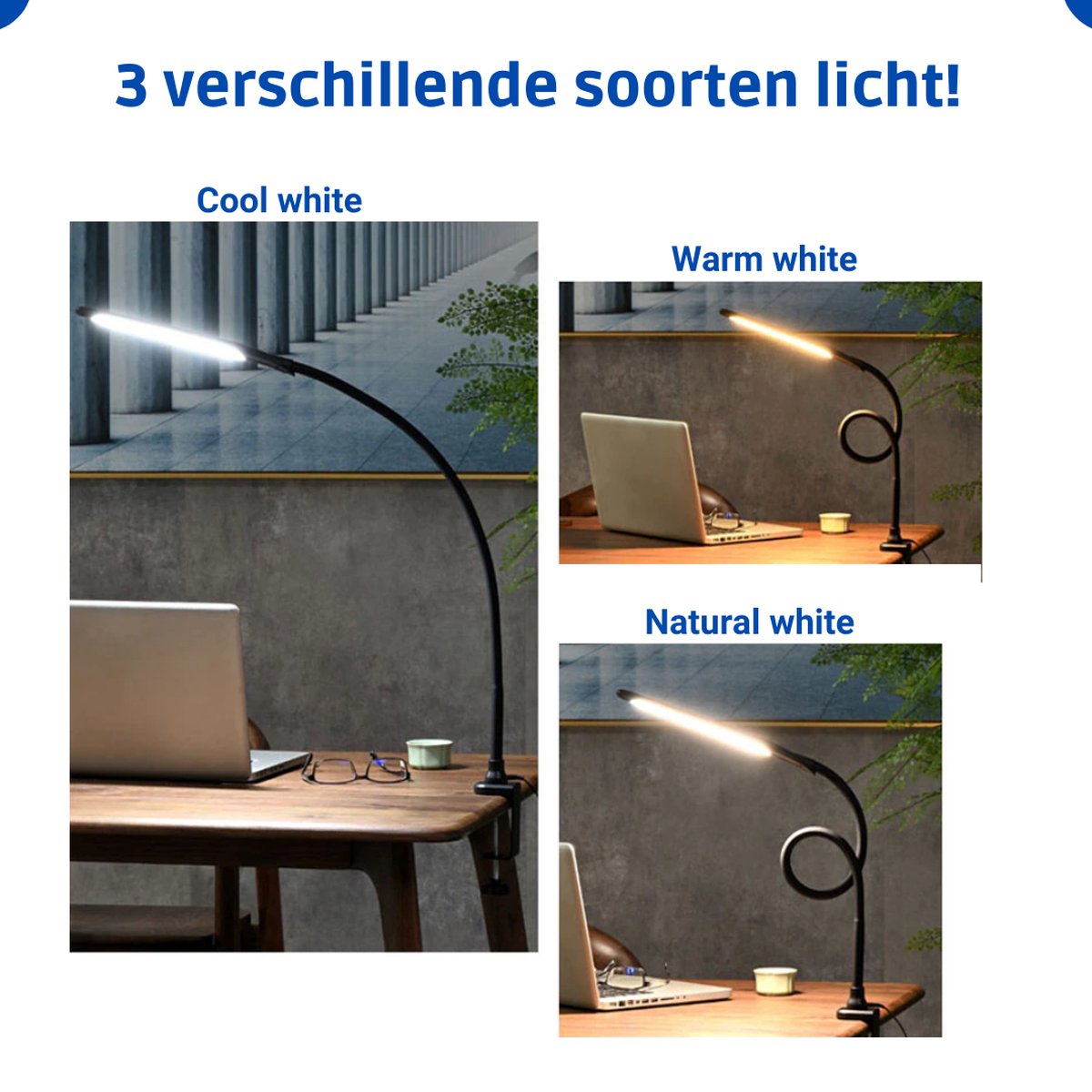 Bureaulamp Met Klem - Bureaulamp LED Dimbaar - Monitorlamp - 3 Soorten ...