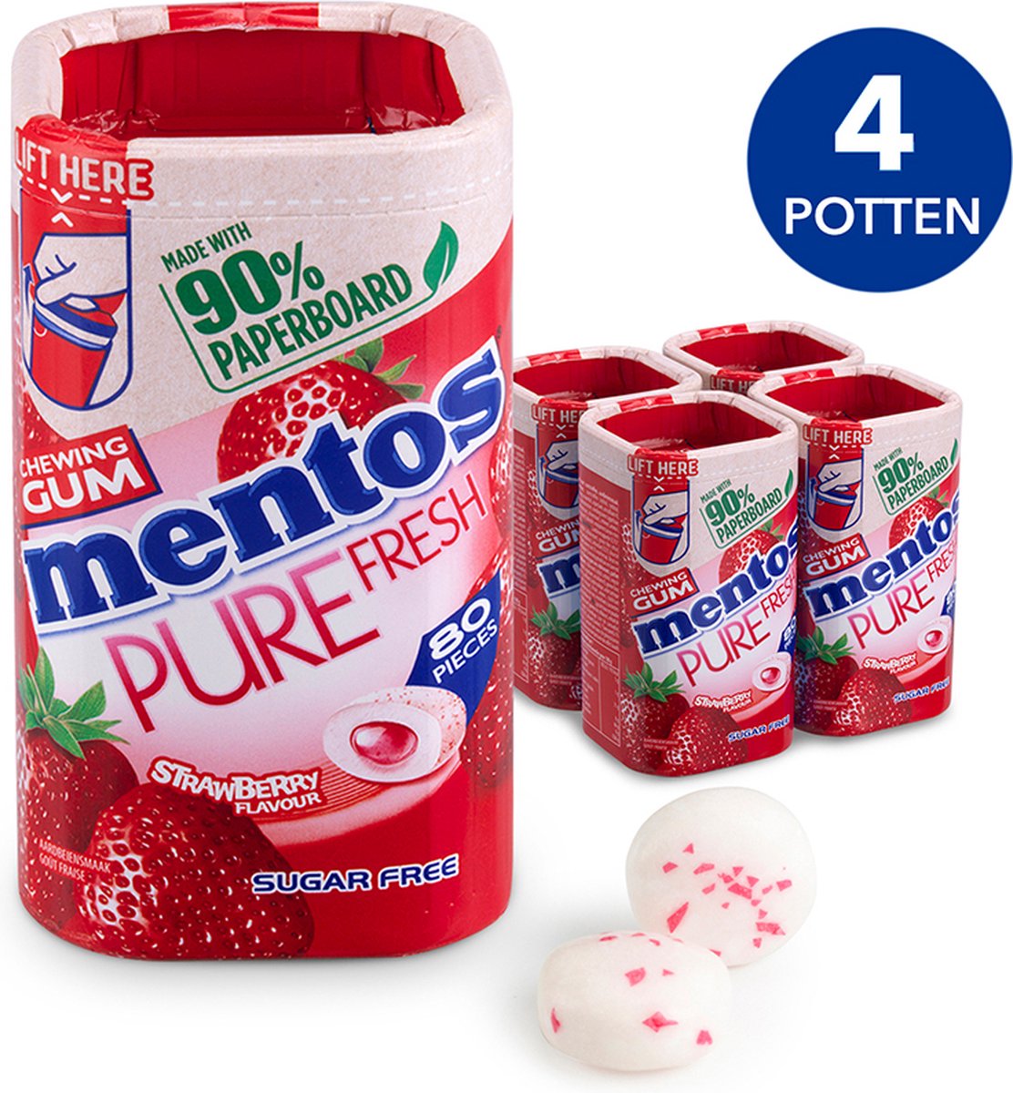 Mentos Pure Fresh - aardbei - suikervrije kauwgom - 80 stuks x 4 | bol.com