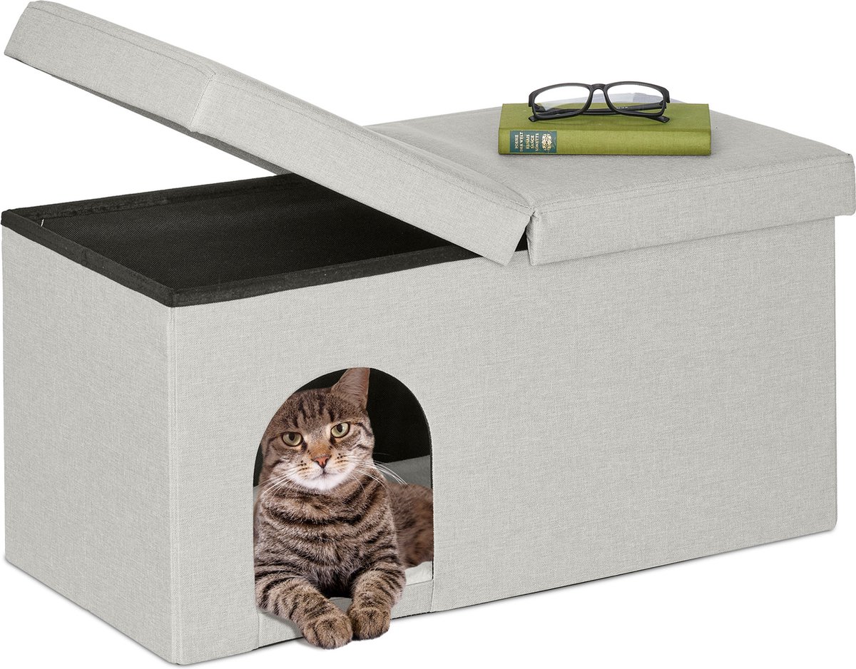Relaxdays kattenhuis met zitbankje - opvouwbare kattenmand poef ...