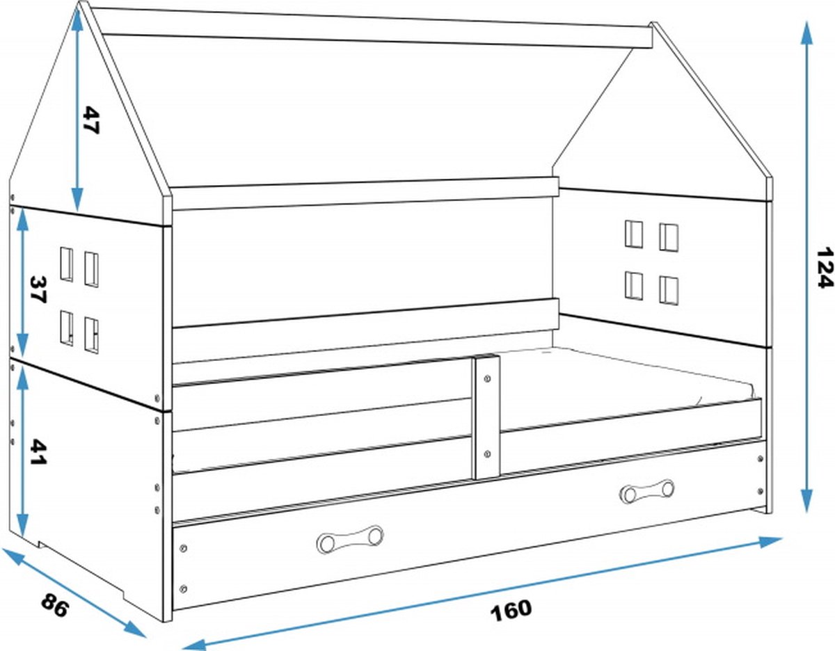 Kinderbed Huisje Hout & Grijs 80x160 cm – Inclusief Uitschuiflade ...