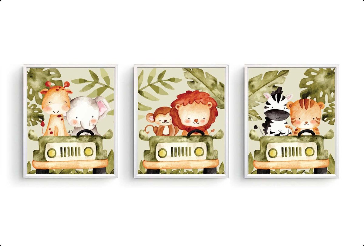 Postercity - Poster Set 3 Jungle Leeuw Tijger Aapje Olifant en Zebra in ...