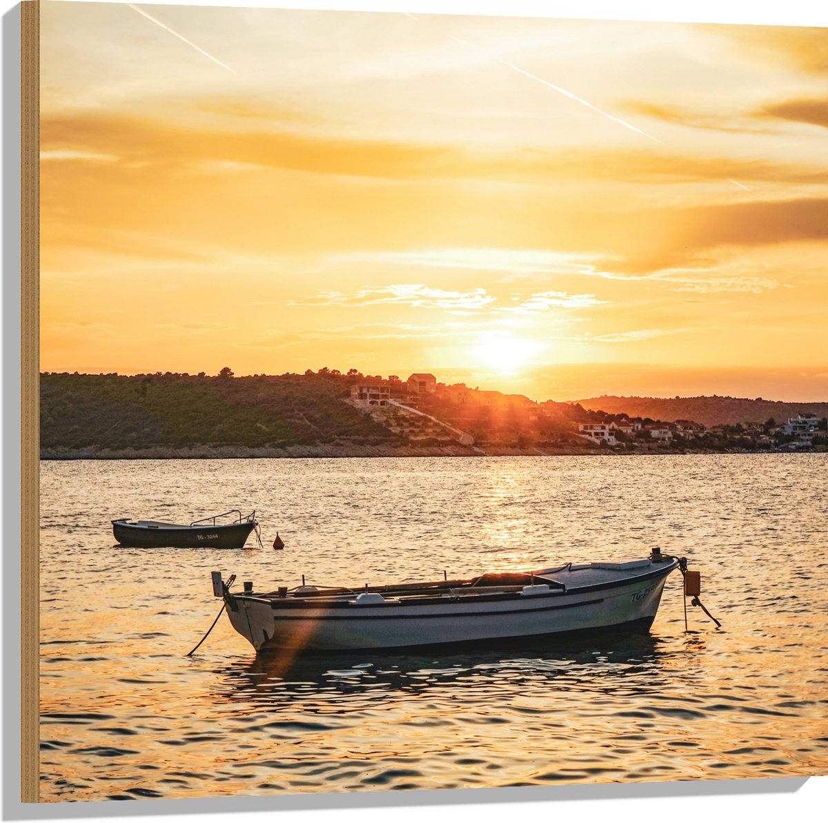 Hout - Bootje op Zee met ondergaande Zon - 80x80 cm - 9 mm dik - Foto ...