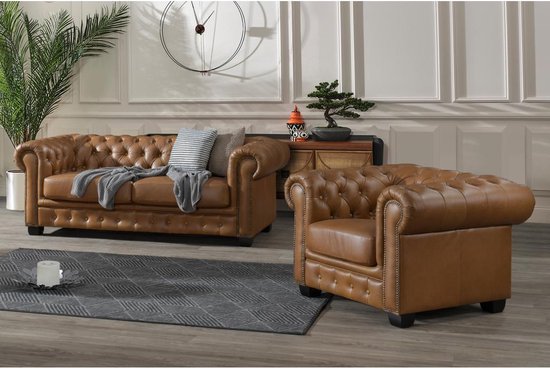 LINEA SOFA Chesterfield zitbank 3 + 1 plaatsen BRENTON 100% buffelleer ...