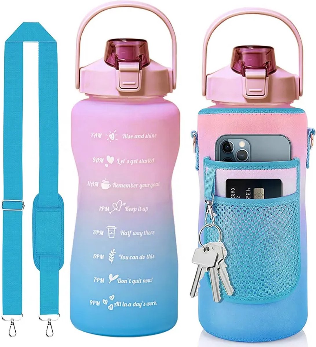 Waterfles 2 liter MET tas Roze Blauw - gratis armband Blauw ...