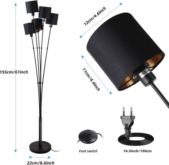 Lampadaire 5 lampes pour salon, Lampadaires Chique en métal et textile ...