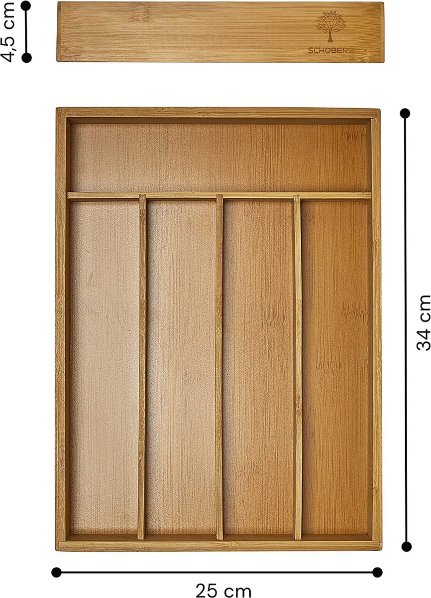 SCHOBERG Houten bestekbak 34 cm x 25 cm x 5 cm | Bamboe enkele keuken ...