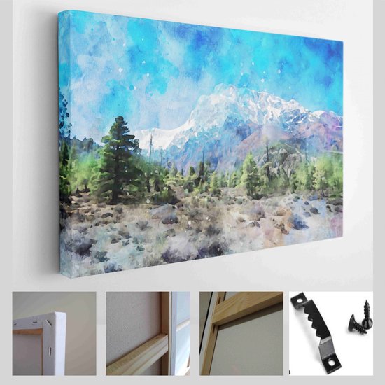 Abstract schilderij van bomen met bergen, natuur landschap afbeelding, digitale... | bol.com