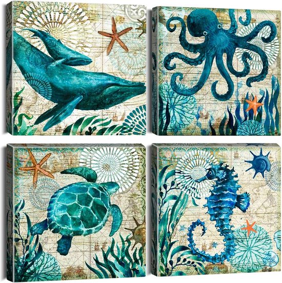 Artscope 4 stuks wanddecoratie canvas prints - blauwe oceaan wezens ...