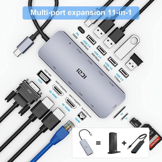 NÖRDIC DOCK-157 - 1 naar 12 Docking station - Ondersteuning voor 3 monitoren - HDMI... | bol