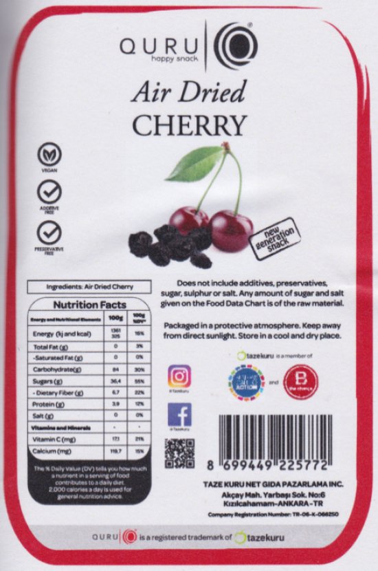 Quru Lucht Gedroogd Fruit - Kers - x6 - 100% natuurlijk - Gezonde snack ...