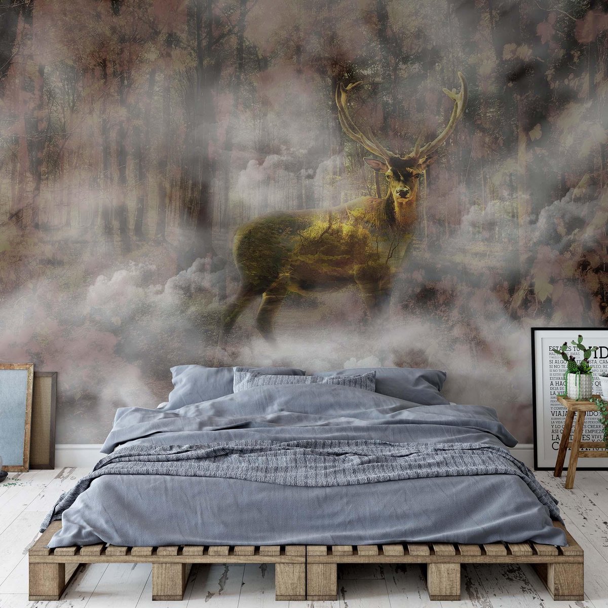 Fotobehang - Vlies Behang - Gouden Hert in Mistig Bos - 208 x 146 cm ...