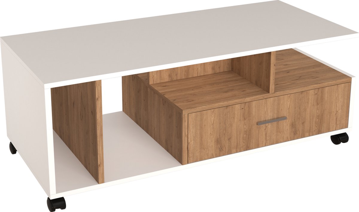 VCM Houten Bijzettafel Salontafel Sofatafel Woonkamertafel Wielen Lade ...