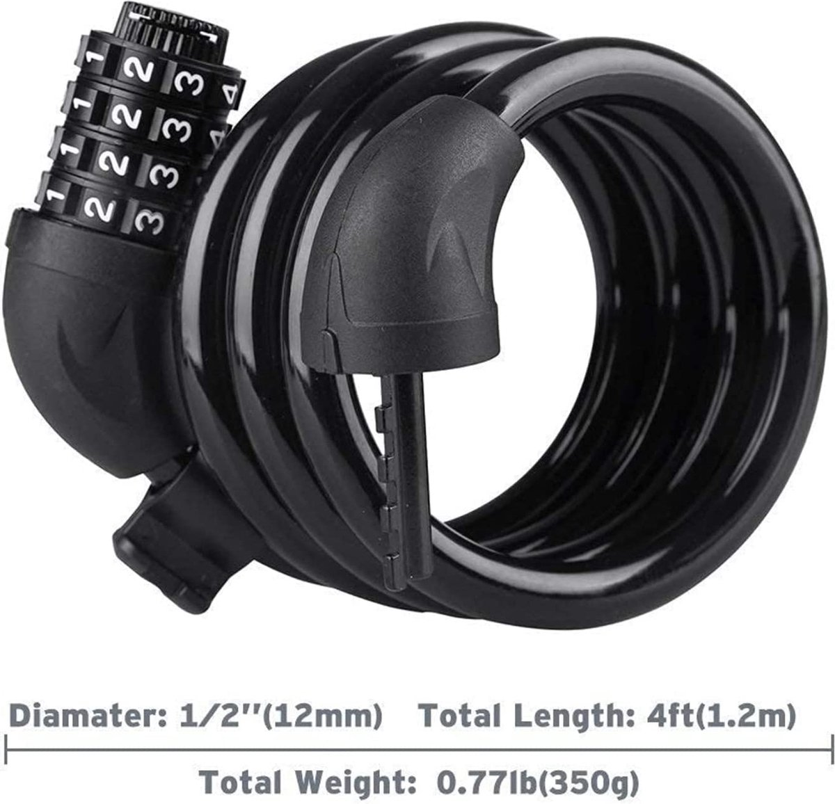 Fietsslot 1.2 Meter - Kabelslot met Cijfercode en Montagebeugel - Zwart ...