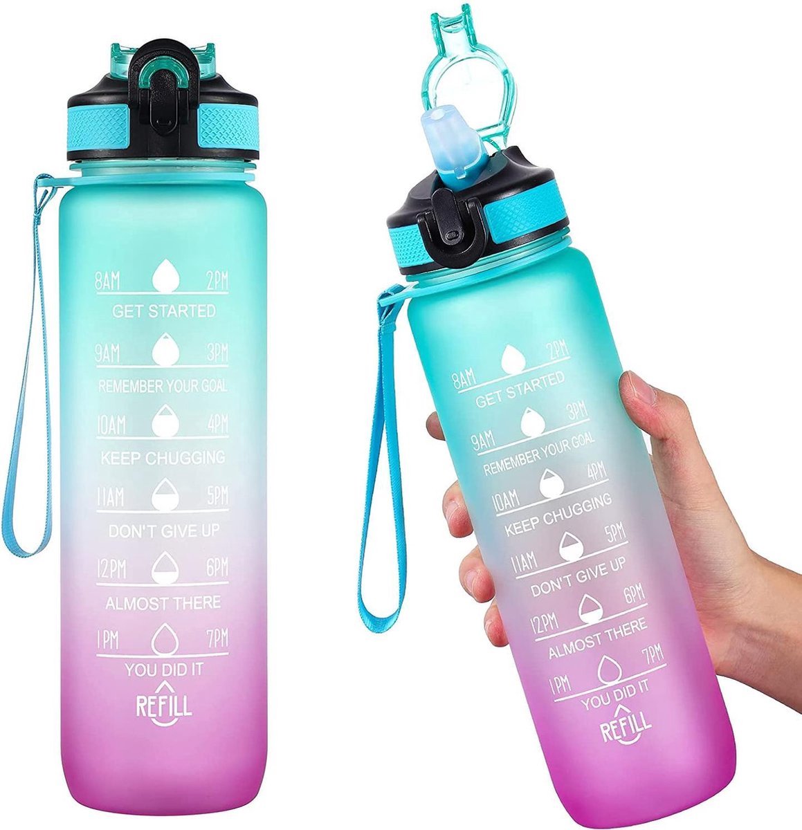 Waterfles met tijdmarkering | Sport waterfles | Drinkfles met rietje ...
