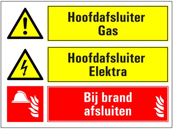 Hoofdafsluiters elektra en gas afsluiten bij brand bord 400 x 300 mm ...