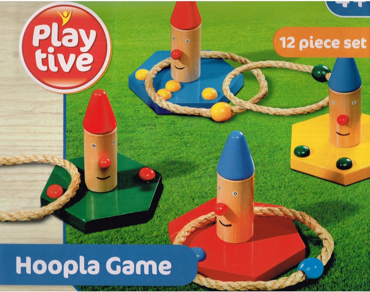 Hoopla game 8 gekleurde koord hoepels 4 spelfiguren vanaf 4 jr hout 12 ...