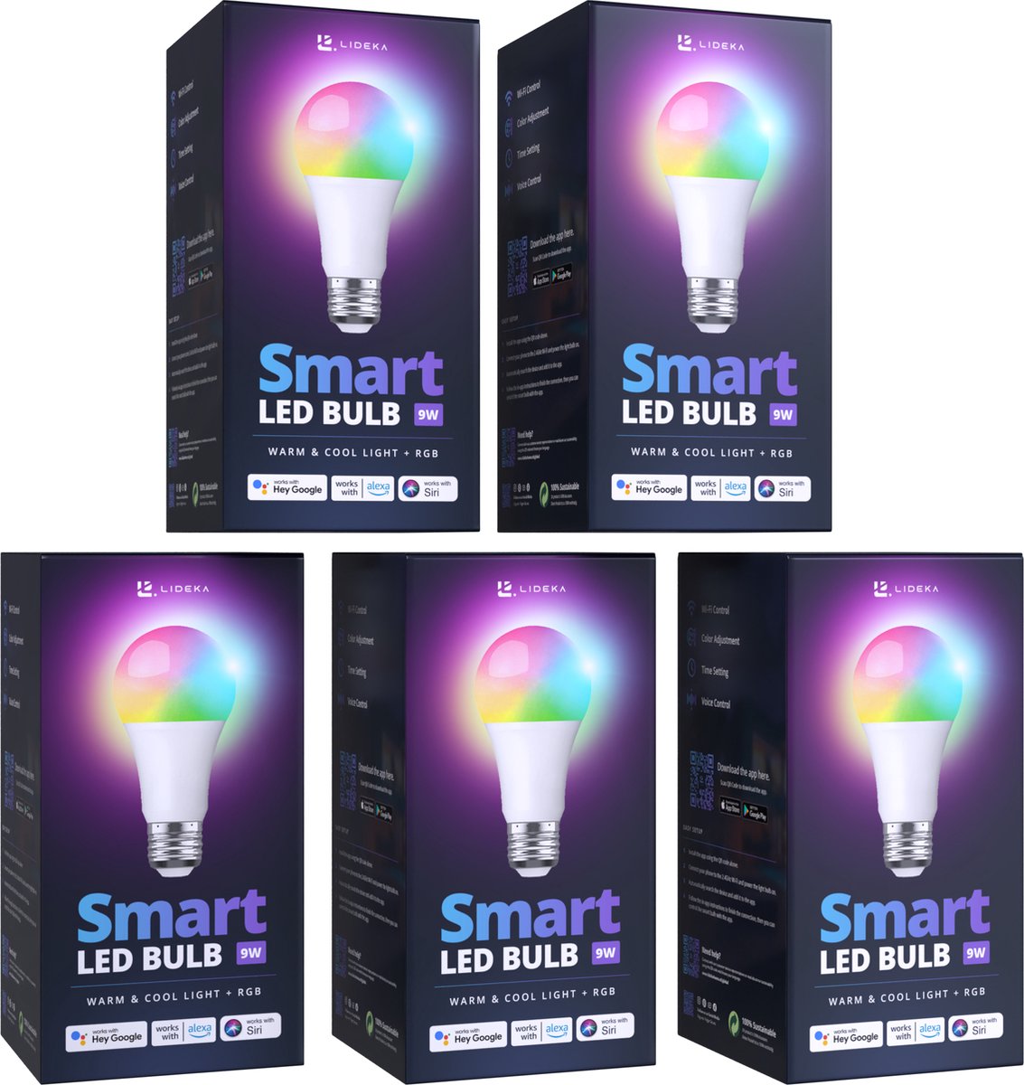 Lideka® - Slimme LED Smart Lampen - E27 9W - Set Van 5 - RGBW - met App ...