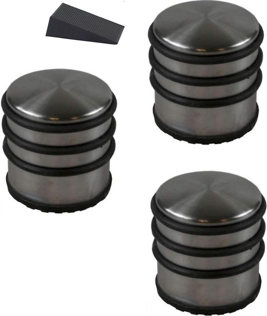 3x RVS deurstopper rond inclusief deurwig - D9 x H7 cm - 1 kg ...