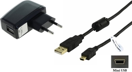 1.0A lader + 1,8m Mini USB kabel. Oplader adapter met robuust snoer ...