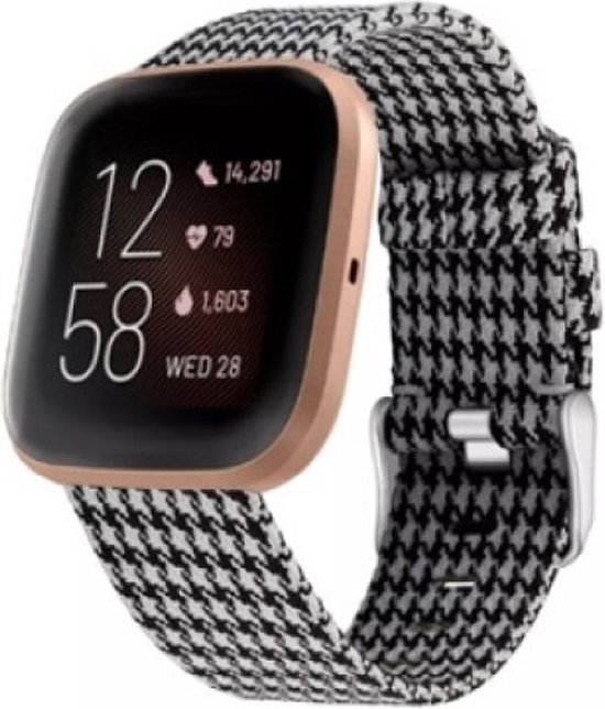 OMAZU Nylon Bandje - Zwart / Wit Geschikt voor Fitbit Versa 3 / 4 ...