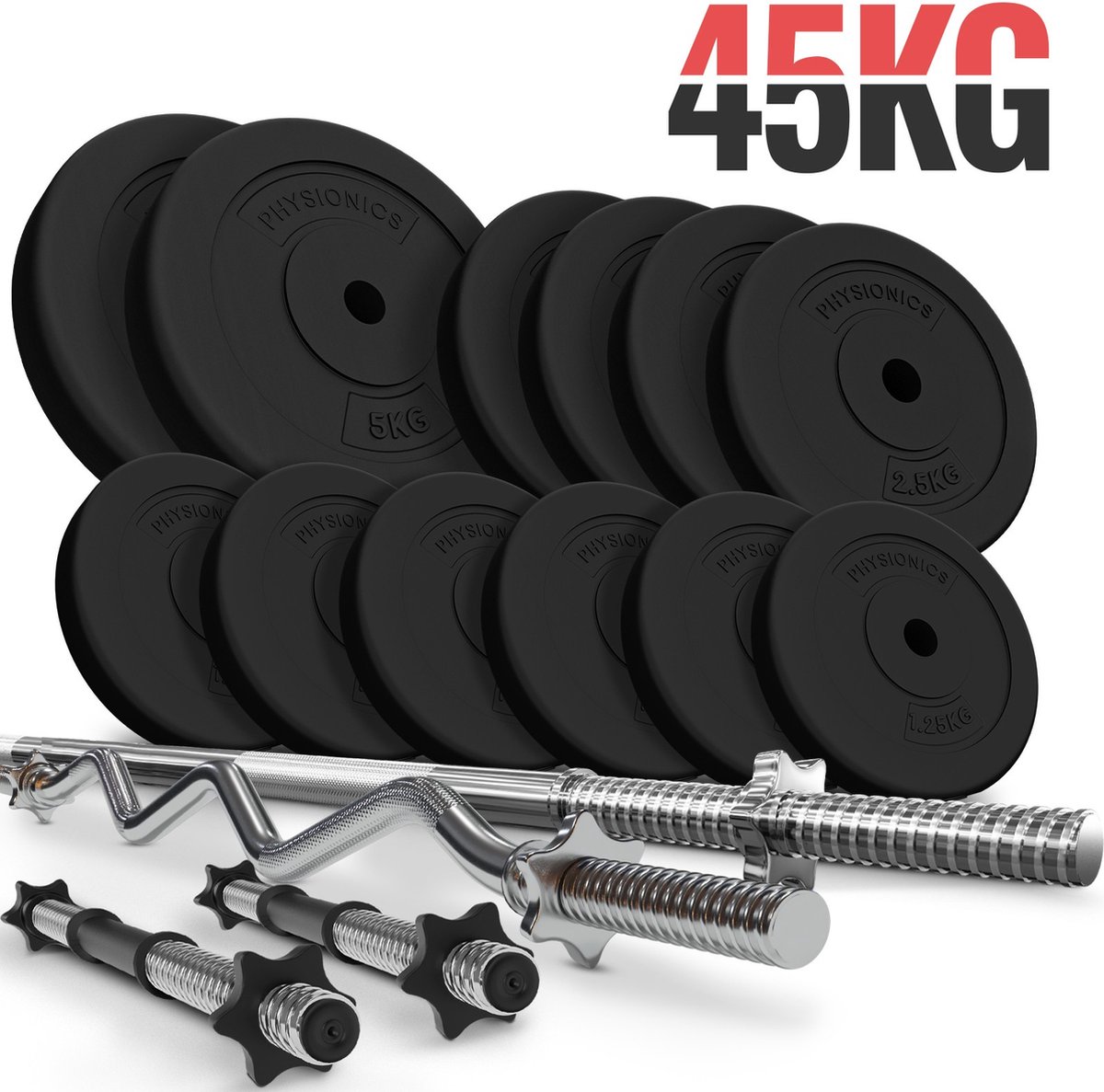 Physionics - Complete Dumbbell + Barbell set - Totaal gewicht 45 kg ...