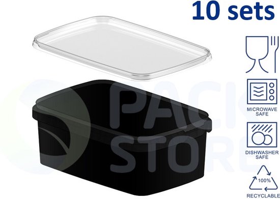 10 x zwarte plastic bakjes met transparant deksel - 1200 ml ...