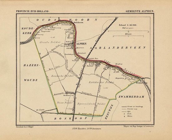 Historische kaart, plattegrond van gemeente Alphen in Zuid Holland uit ...